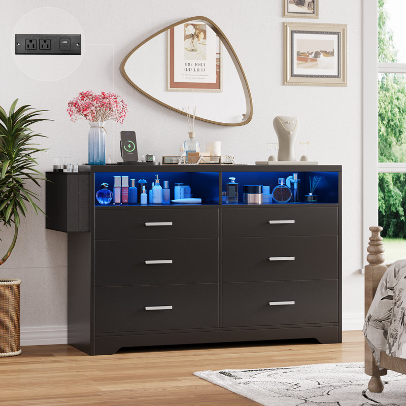 Wrought Studio 6 Drawers Dresser For Bedroom With Led Lights And Charging Station Wide Black Chest Of Drawers For Living Room Closet Or Hallway Storage And Tv Stand Organizer Wayfair